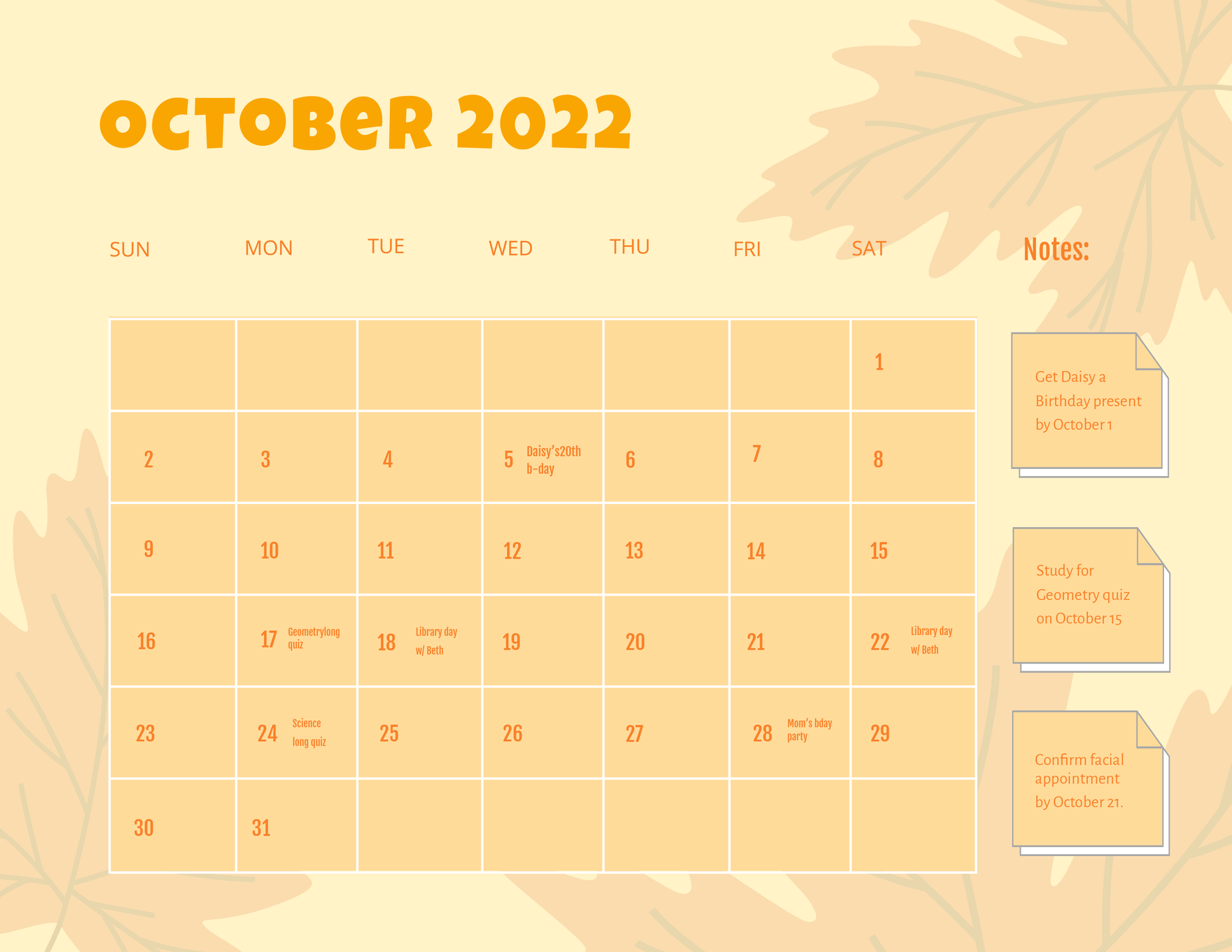 October 2022 Monthly Calendar Template Illustrator Word PSD 