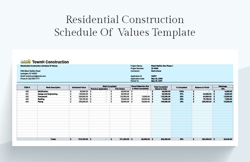 Residential Construction Schedule Of Values Template Google Docs Google Sheets Excel Word 
