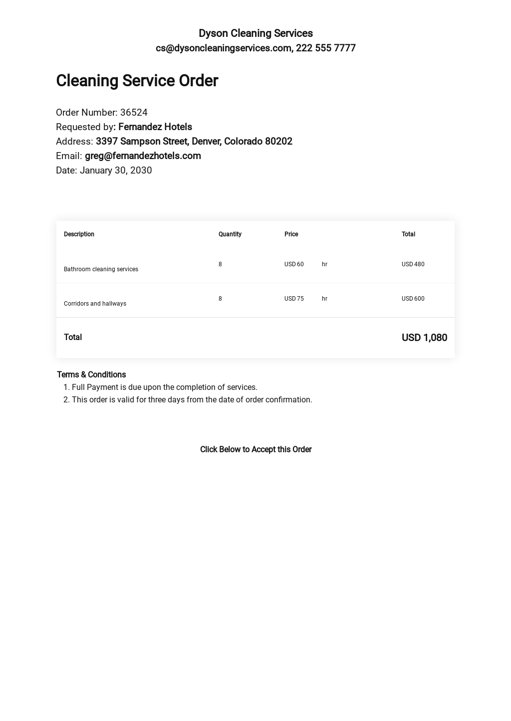 Free Professional Cleaning Service Order Template - Google Docs, Google Sheets, Excel, Word ...