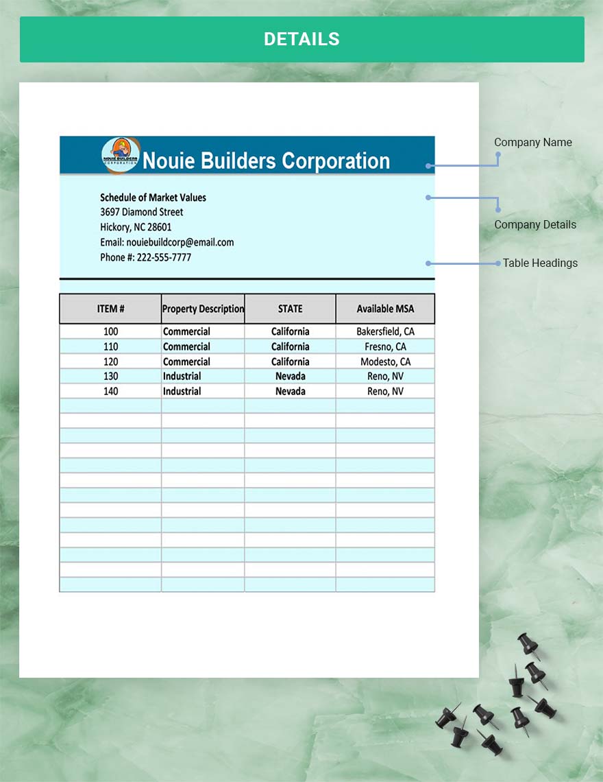 Schedule Of Market Values Template - Google Docs, Google Sheets, Excel ...