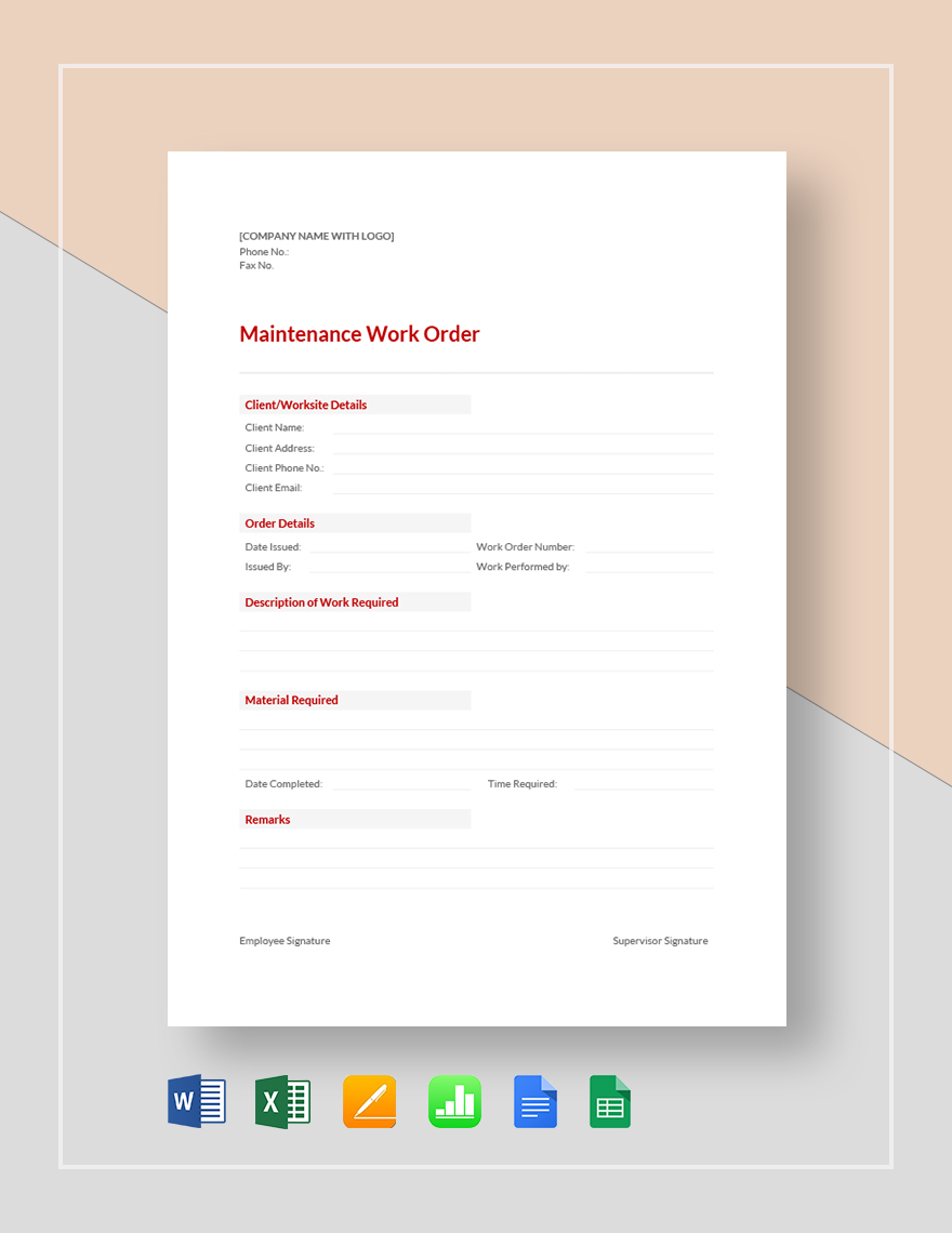 Simple Maintenance Work Order Template Google Docs Google Sheets Excel Word Apple Numbers 