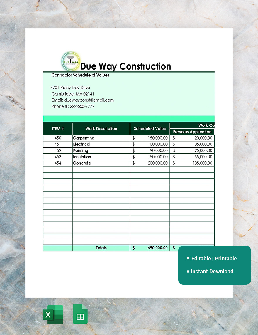 Contractor Schedule Of Values Template Google Sheets Excel 