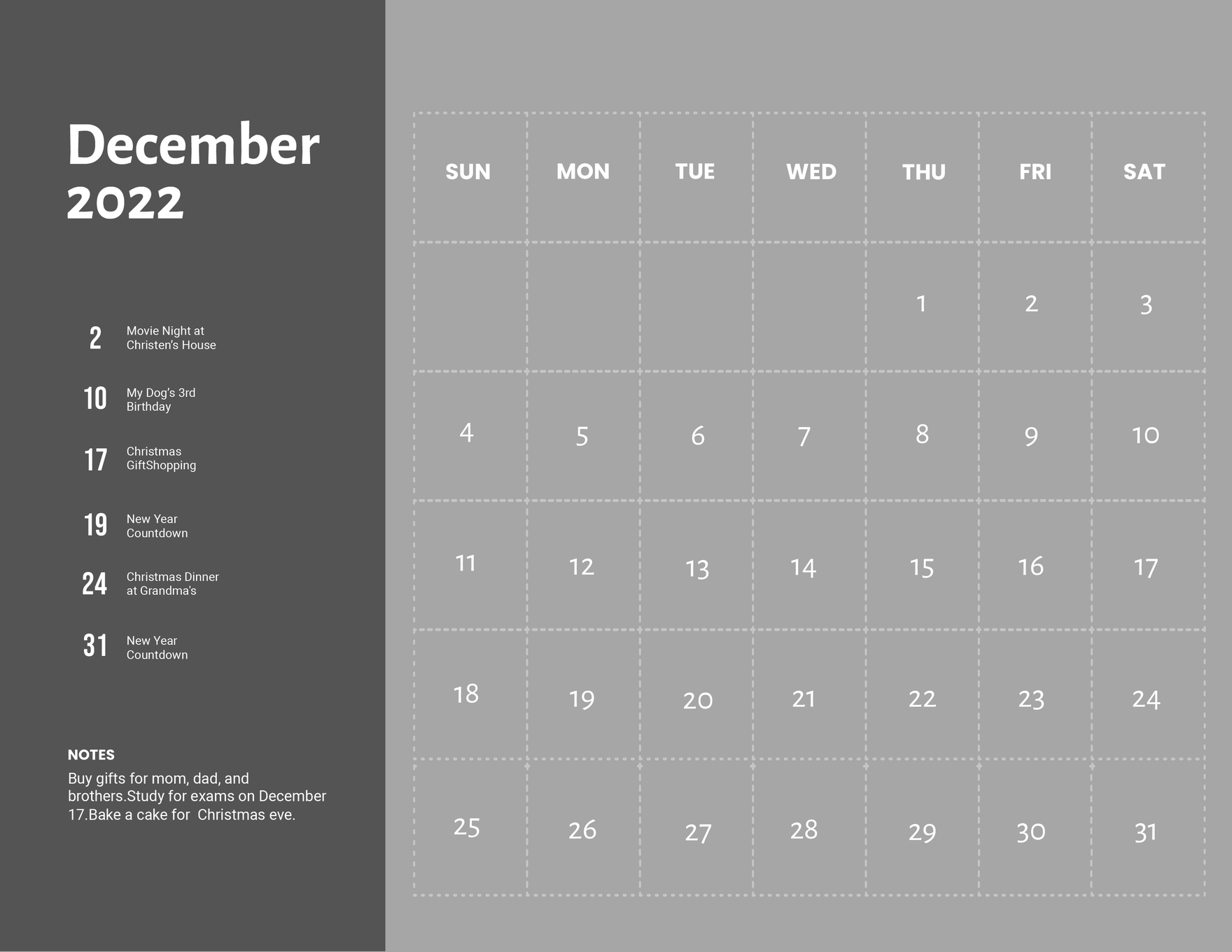 Monthly Calendar Template December 2022 Monthly Calendar Template December 2022