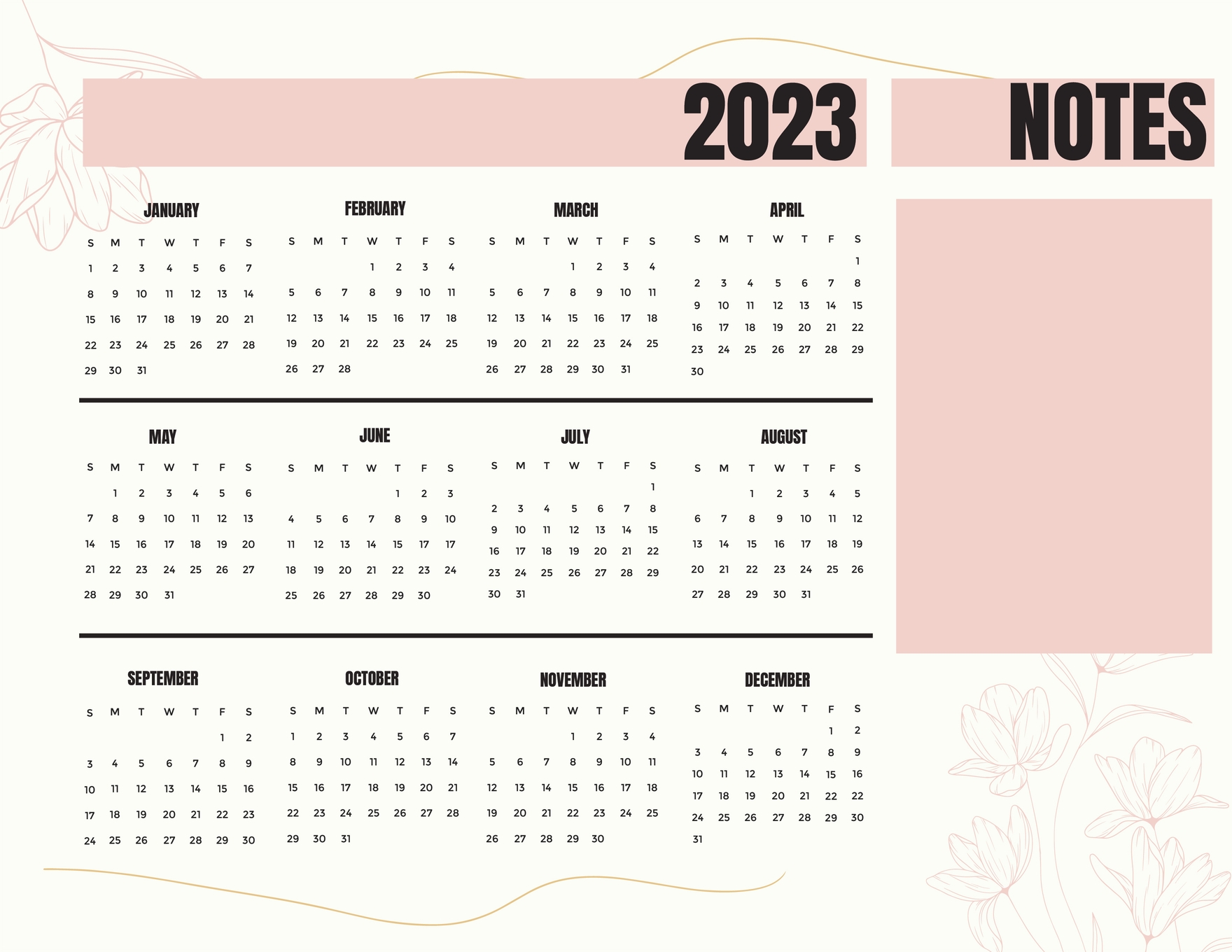 Floral Year 2023 Calendar Template Google Docs Illustrator Word 