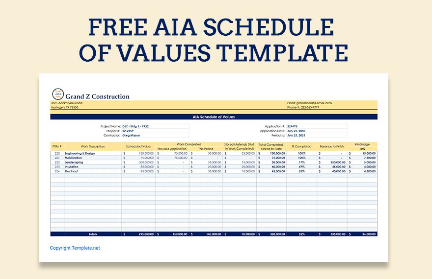 Free Aia Schedule Of Values Template Google Docs Google Sheets 