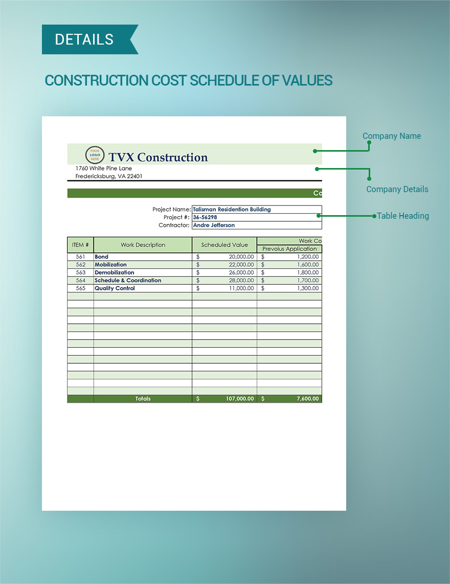 Construction Schedule Of Values Template Free Printable Template