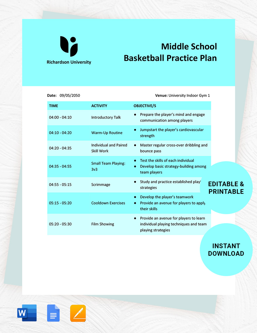 Free Middle School Basketball Practice Plan Google Docs Word Apple
