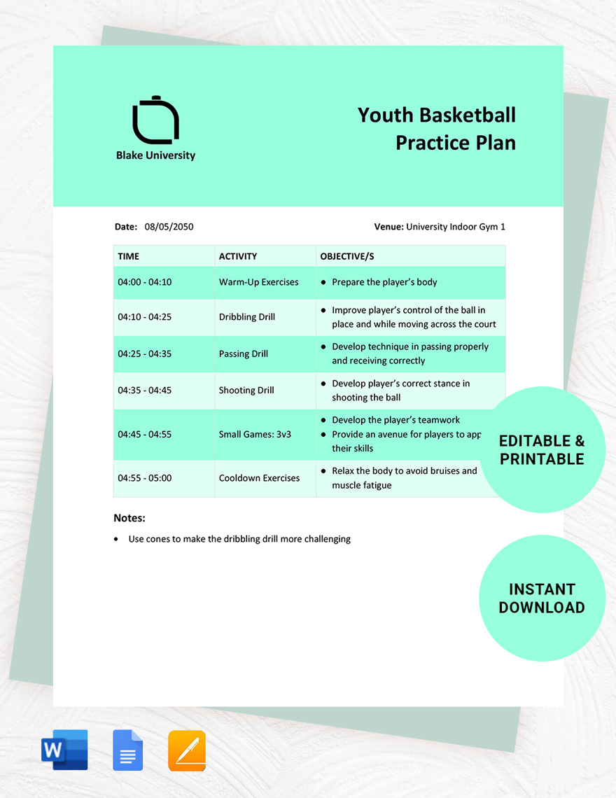 Youth Basketball Practice Plan Google Docs Word Apple Pages 