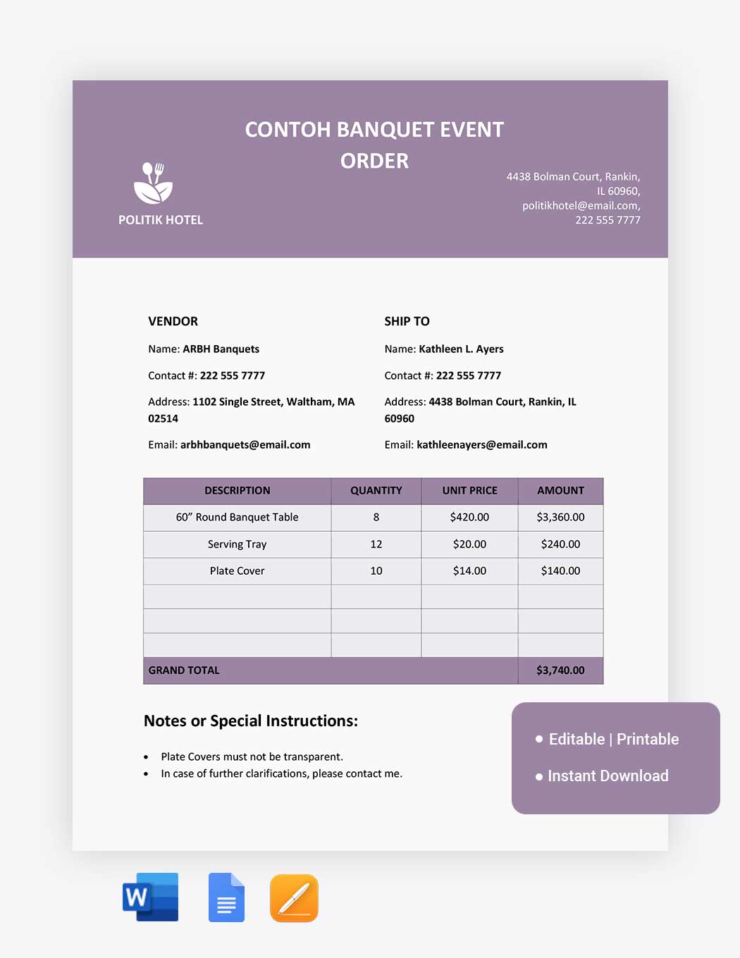 Free Banquet Event Order BEO Templates To Edit Online
