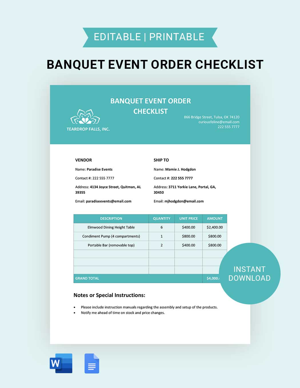 Banquet Event Order BEO Template In Word FREE Download