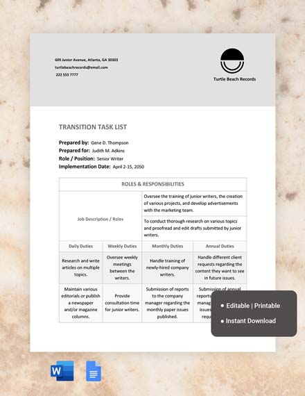 Free Task Transition Template - Download in Word, Google Docs, Apple ...