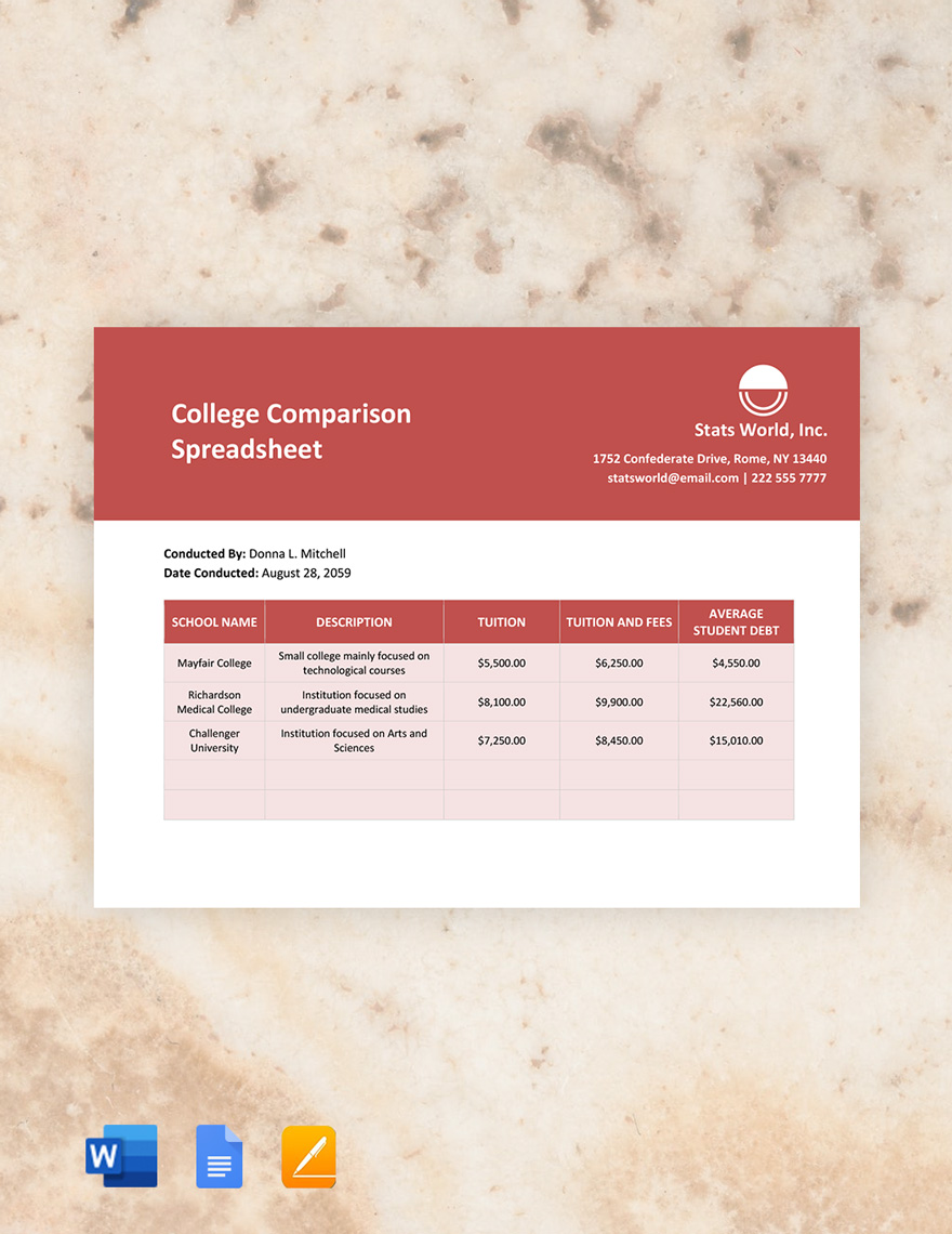 College Comparison Spreadsheet Template In Google Docs Word Pages