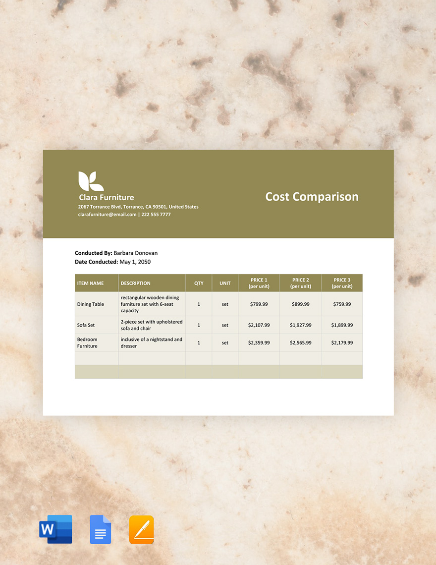 Cost Comparison In Google Docs Word Pages Download Template