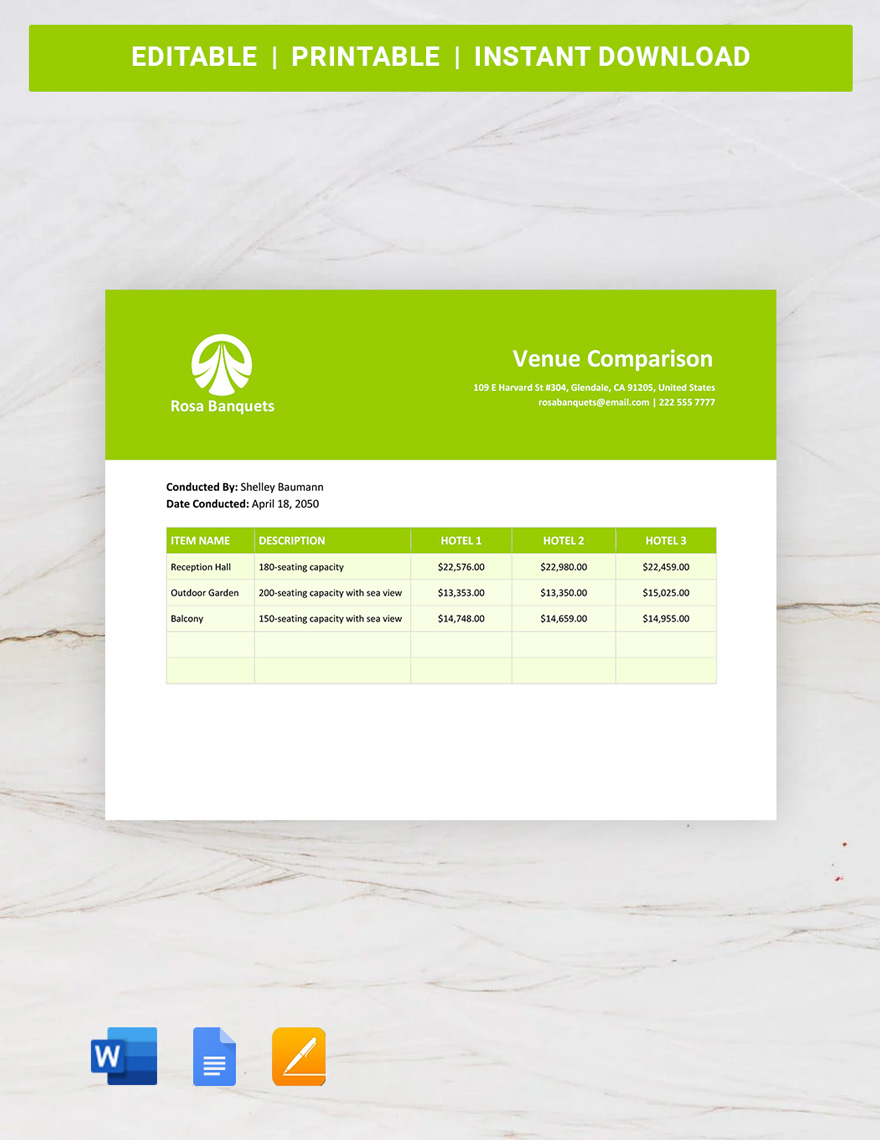 Venue Comparison Template In Google Docs Word Pages Download