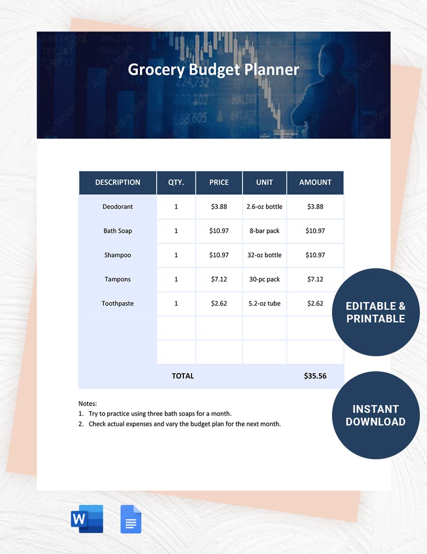 Grocery Budget Templates Documents Design Free Download Template
