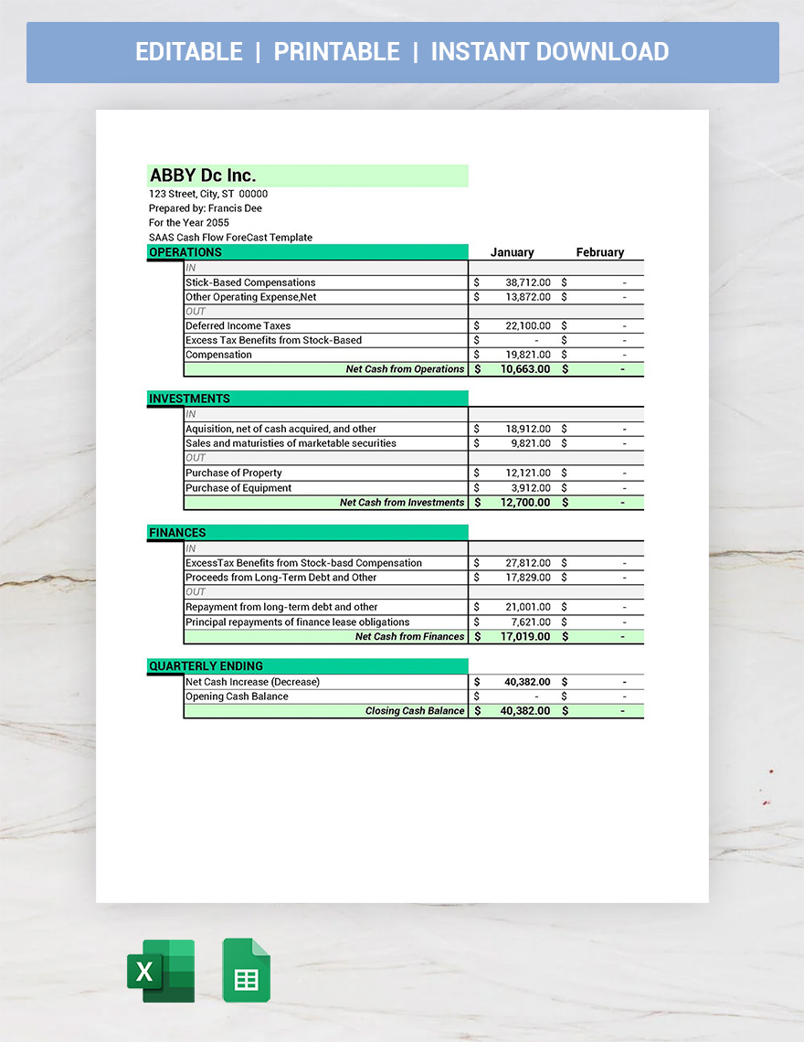 SaaS Cash Flow Forecast Template Google Sheets Excel Template