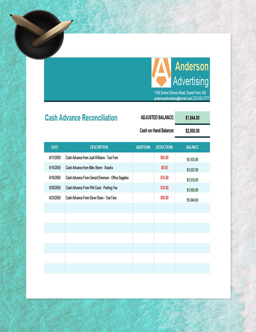 Cash Advance Reconciliation Template - Google Sheets, Excel | Template.net