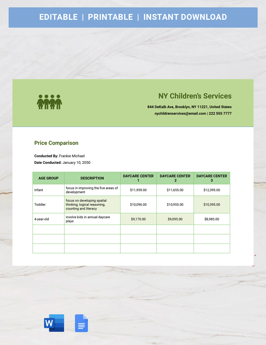 Free Daycare Comparison Template Download In Word Google Docs Apple 