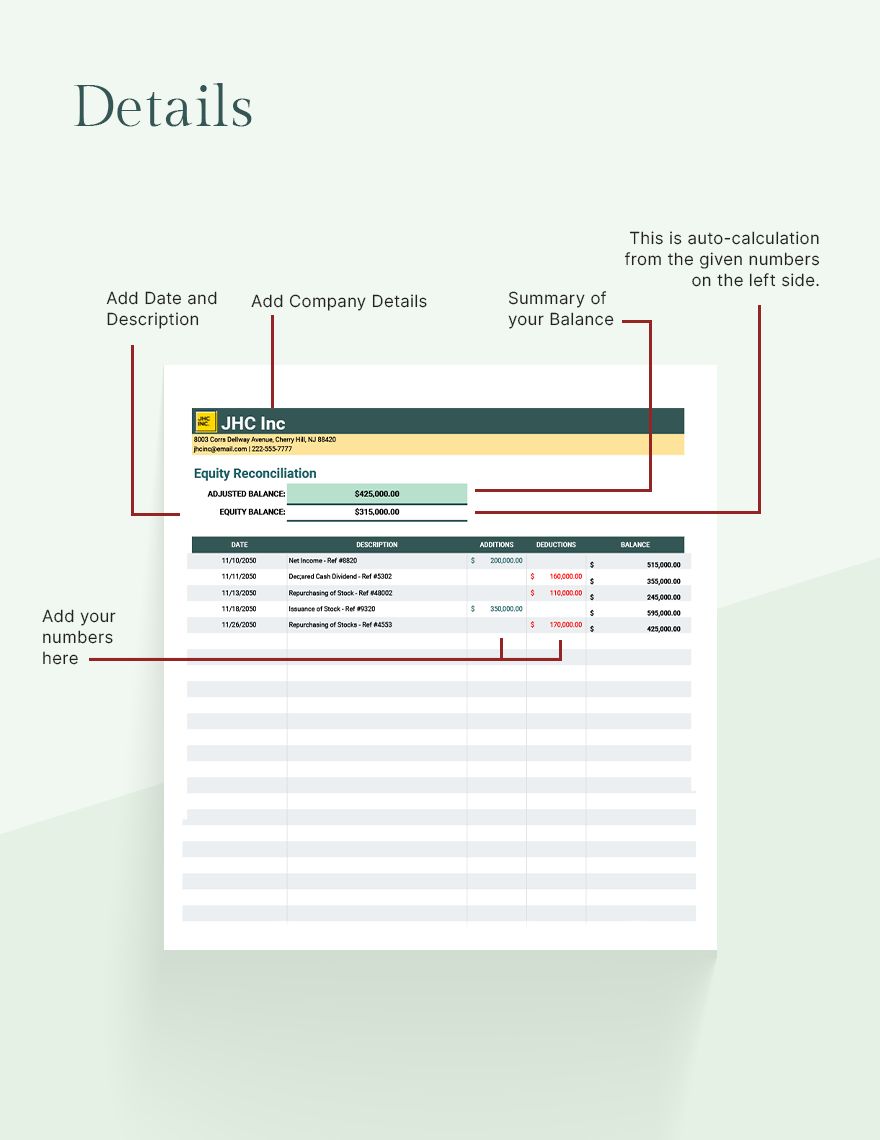 Equity Reconciliation Template - Google Sheets, Excel | Template.net