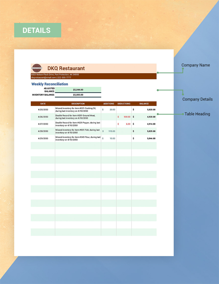 Weekly Reconciliation Template - Google Sheets, Excel | Template.net