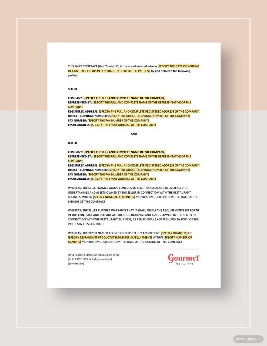 Restaurant Chef Contract Template - Google Docs, Word, Apple Pages ...