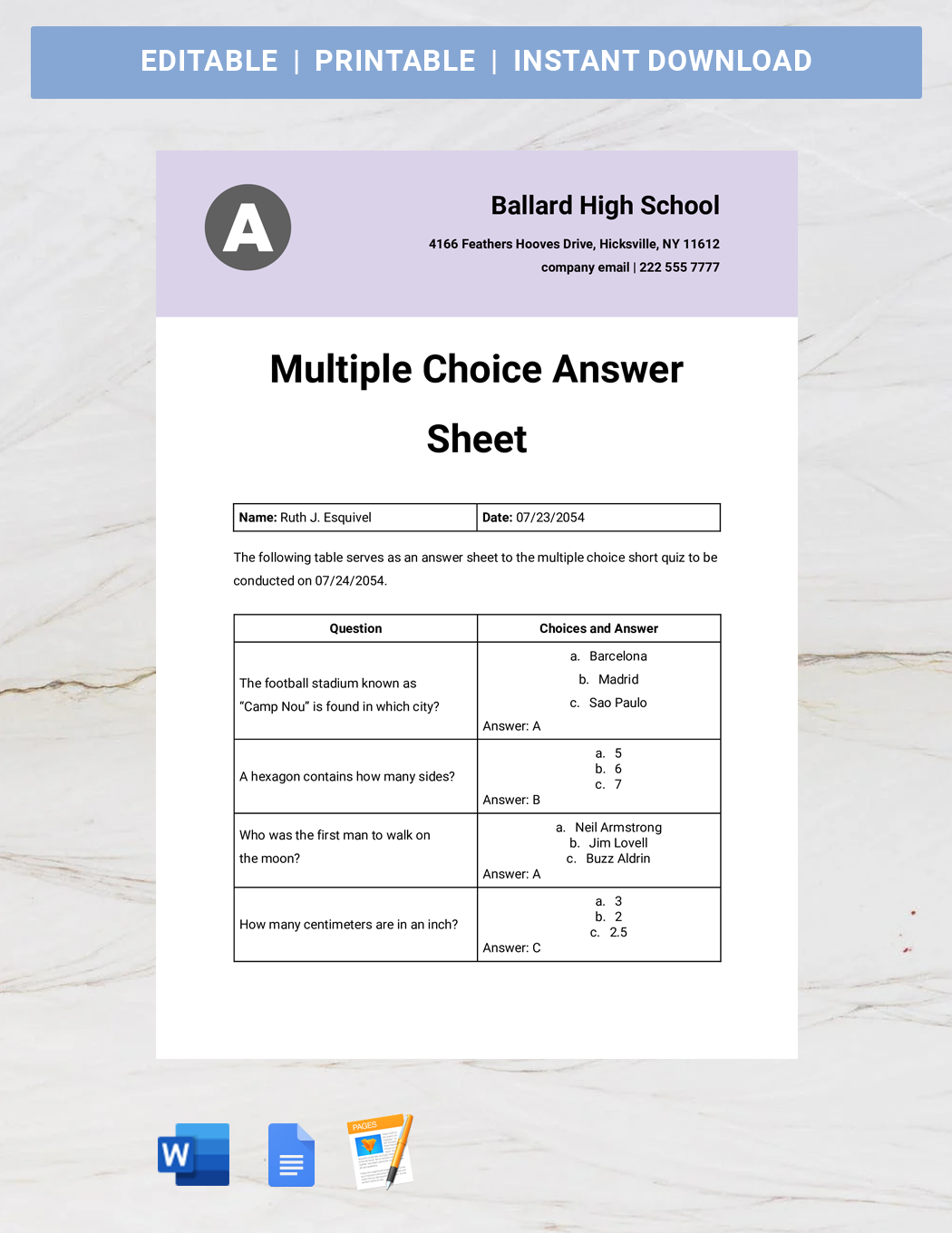Multiple Choice Answer Sheet Template Google Docs Word Apple Pages