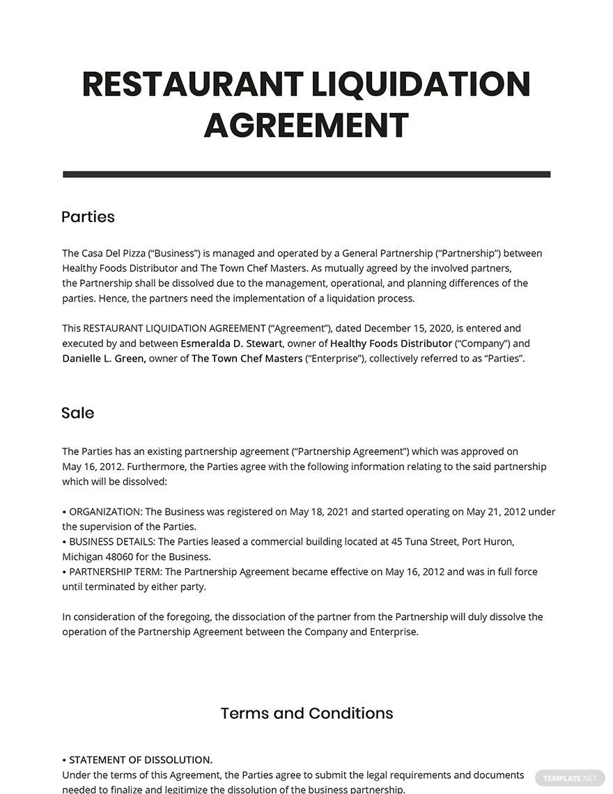 Restaurant Liquidation Agreement Template - Google Docs, Word, Apple ...