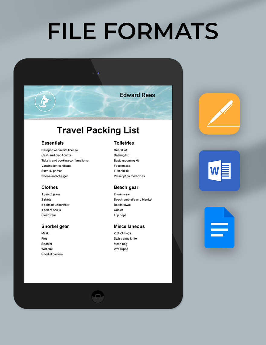 Travel Packing List Template - Word, Google Docs, Apple Pages ...