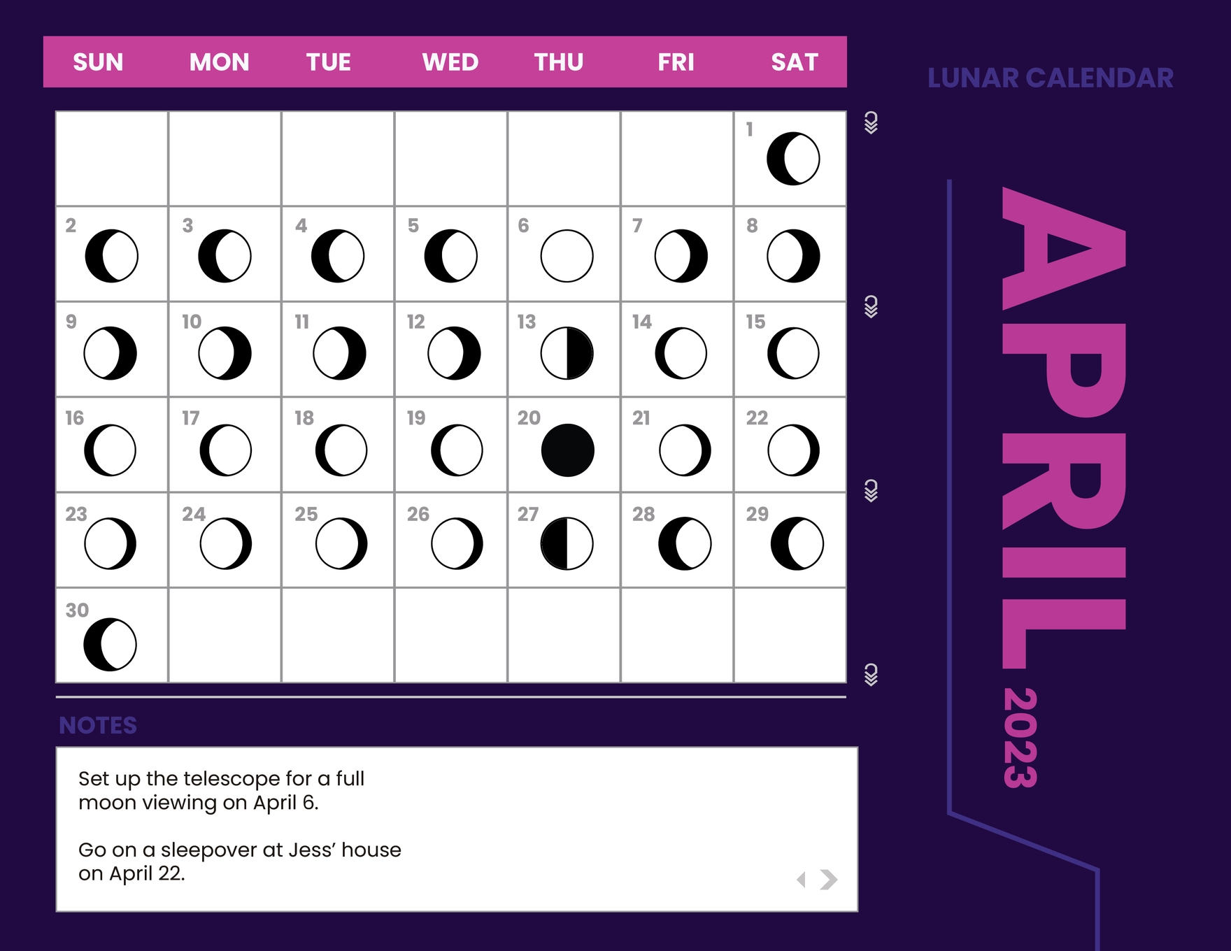April 2023 Calendar Template With Moon Phases In Illustrator Word