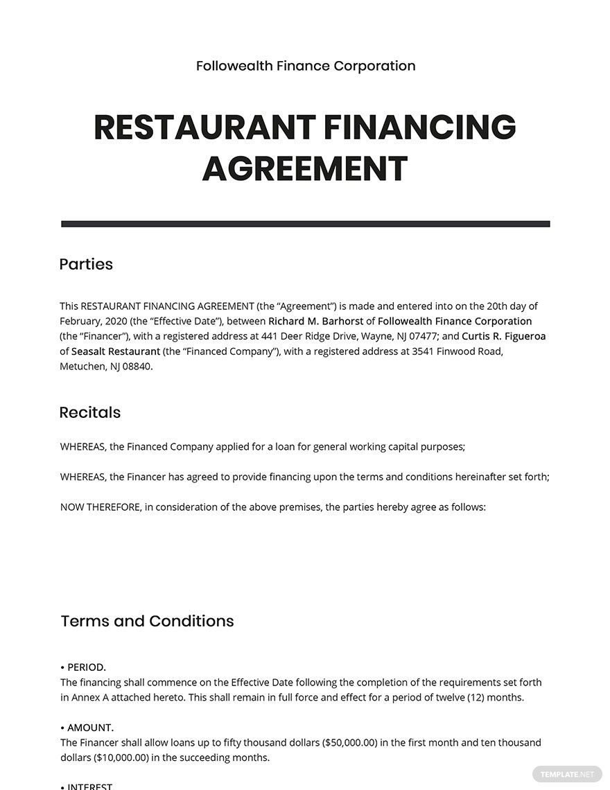Restaurant Financing Agreement Template - Google Docs, Word, Apple ...