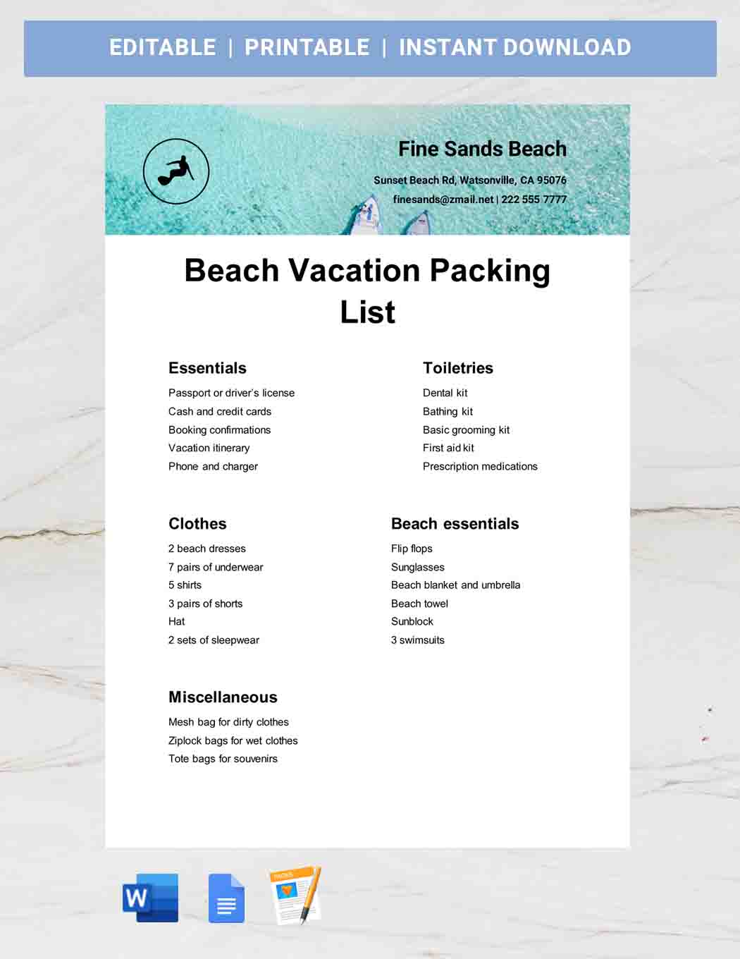 Beach Vacation Packing List Template Google Docs Word Apple Pages