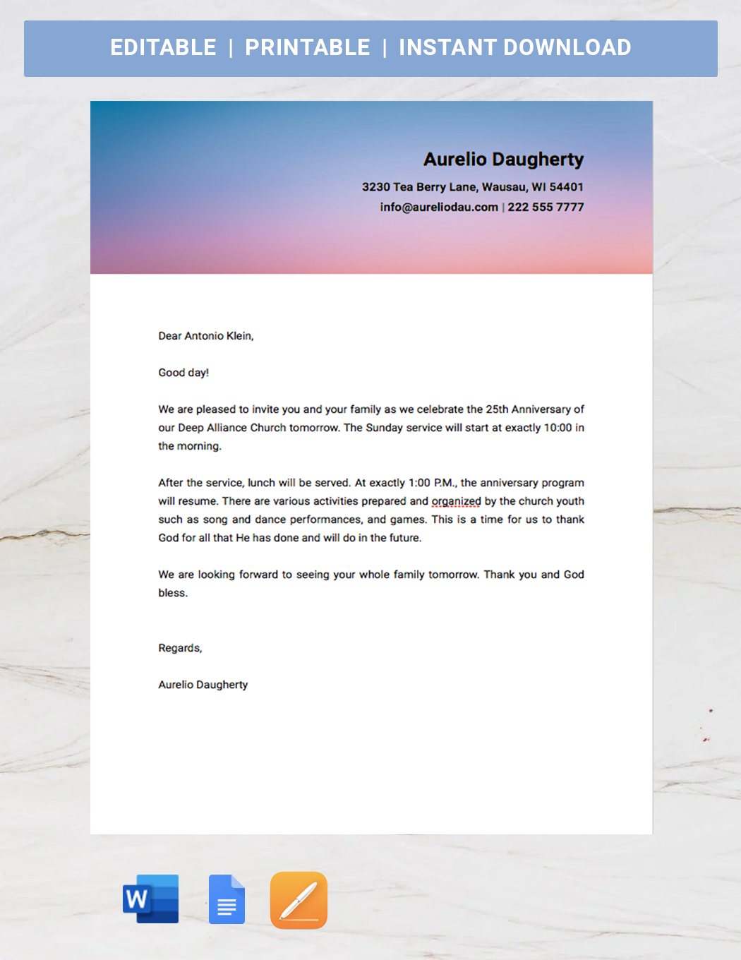 Church Anniversary Invitation Letter Google Docs Word Apple Pages Church Anniversary Invitation Letter Google Docs Word Apple Pages