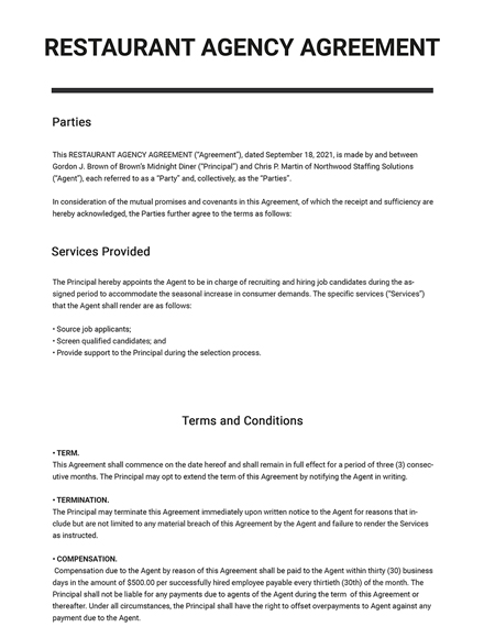 Restaurant Agency Agreement Template