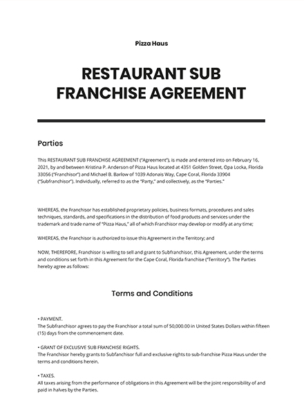 Free Restaurant Sub Franchise Agreement Template