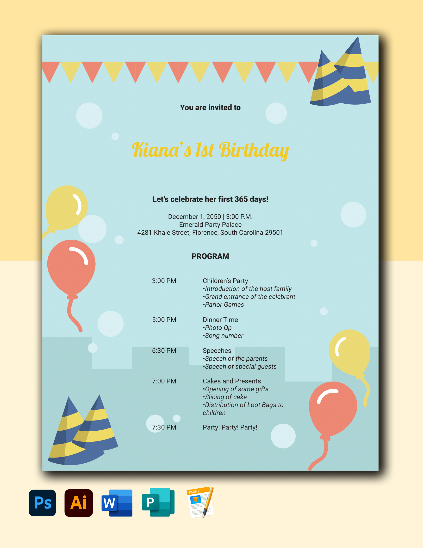Birthdays Party Program Template In PSD Pages Illustrator Word