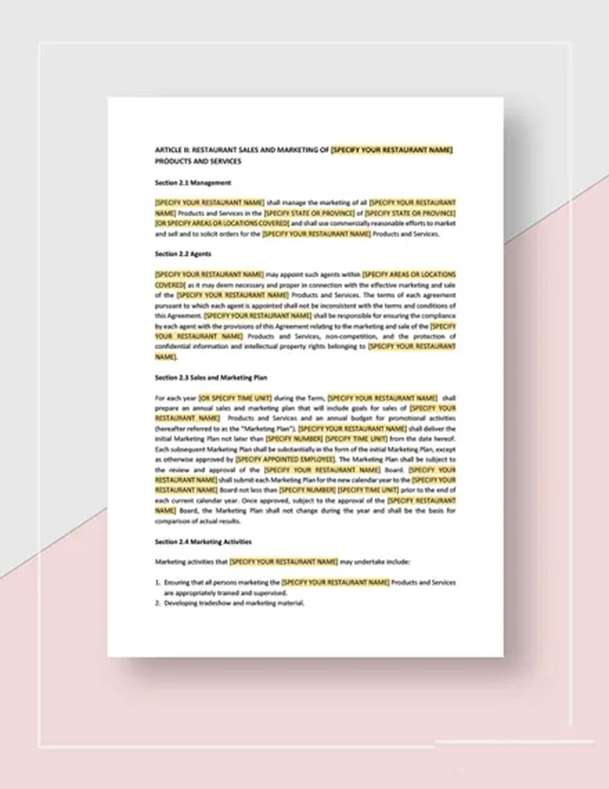 Restaurant Strategic Alliance Agreement Template - Google Docs, Word ...