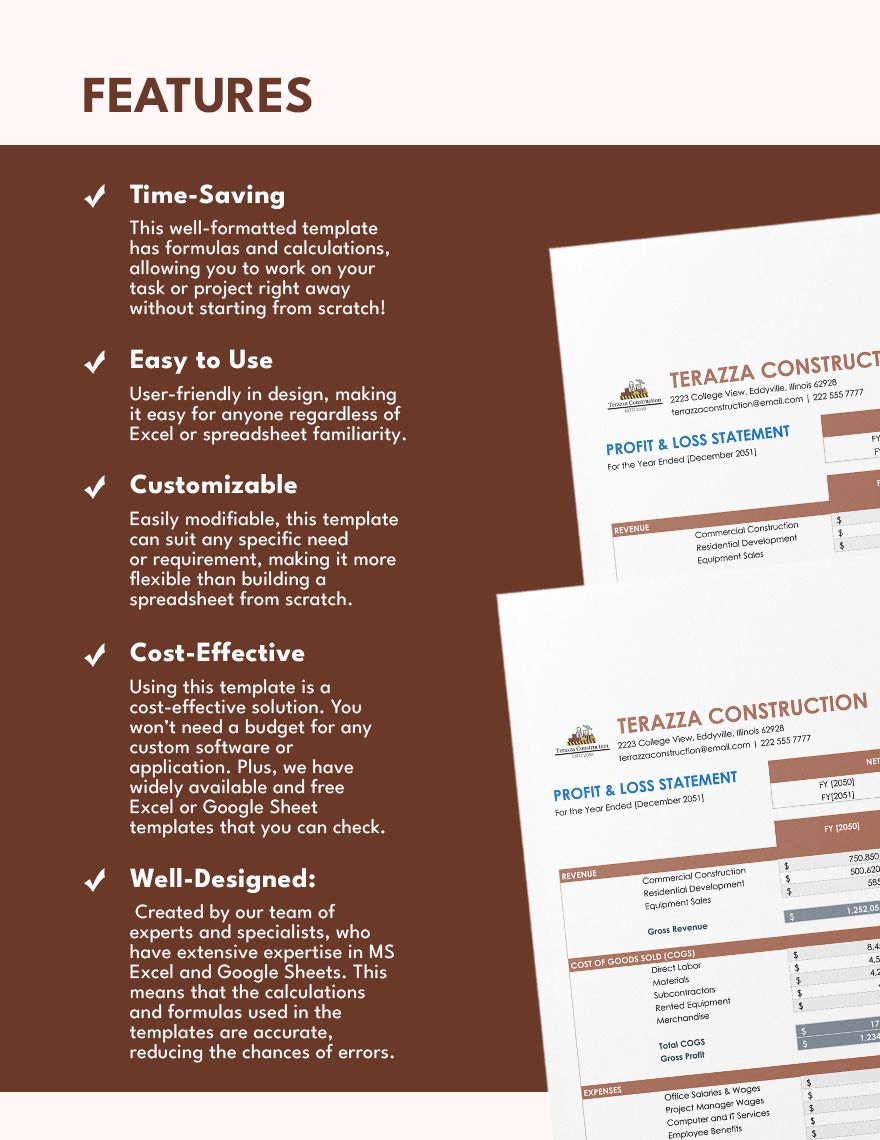 Construction Profit And Loss Template in MS Excel, Google Sheets - Download