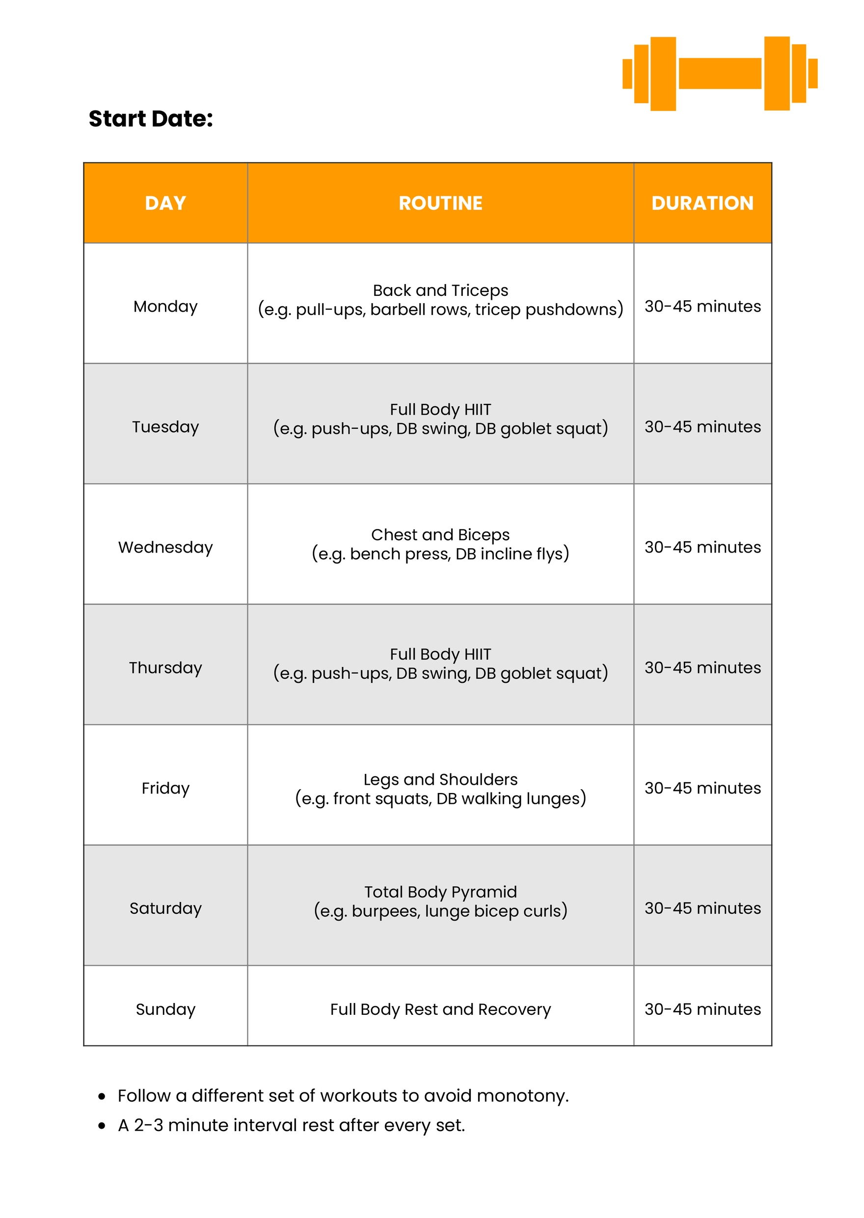 Day Wise Gym Workout Chart Pdf Infoupdate
