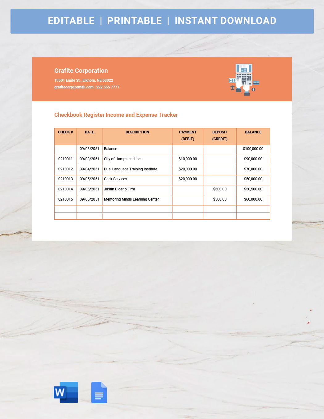 Checkbook Register Income And Expense Tracker Template - Google Docs ...