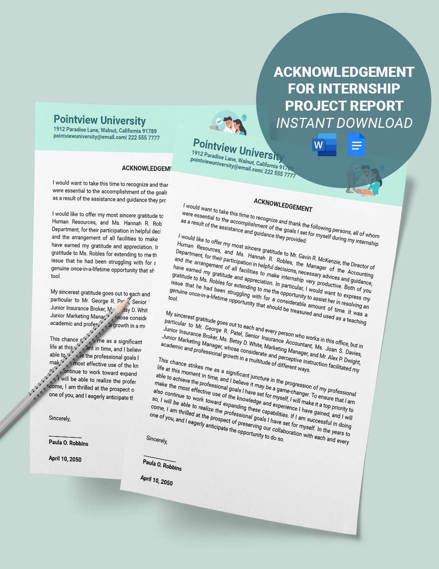 Acknowledgement For Internship Project Report Download In Word Google Docs Apple Pages 