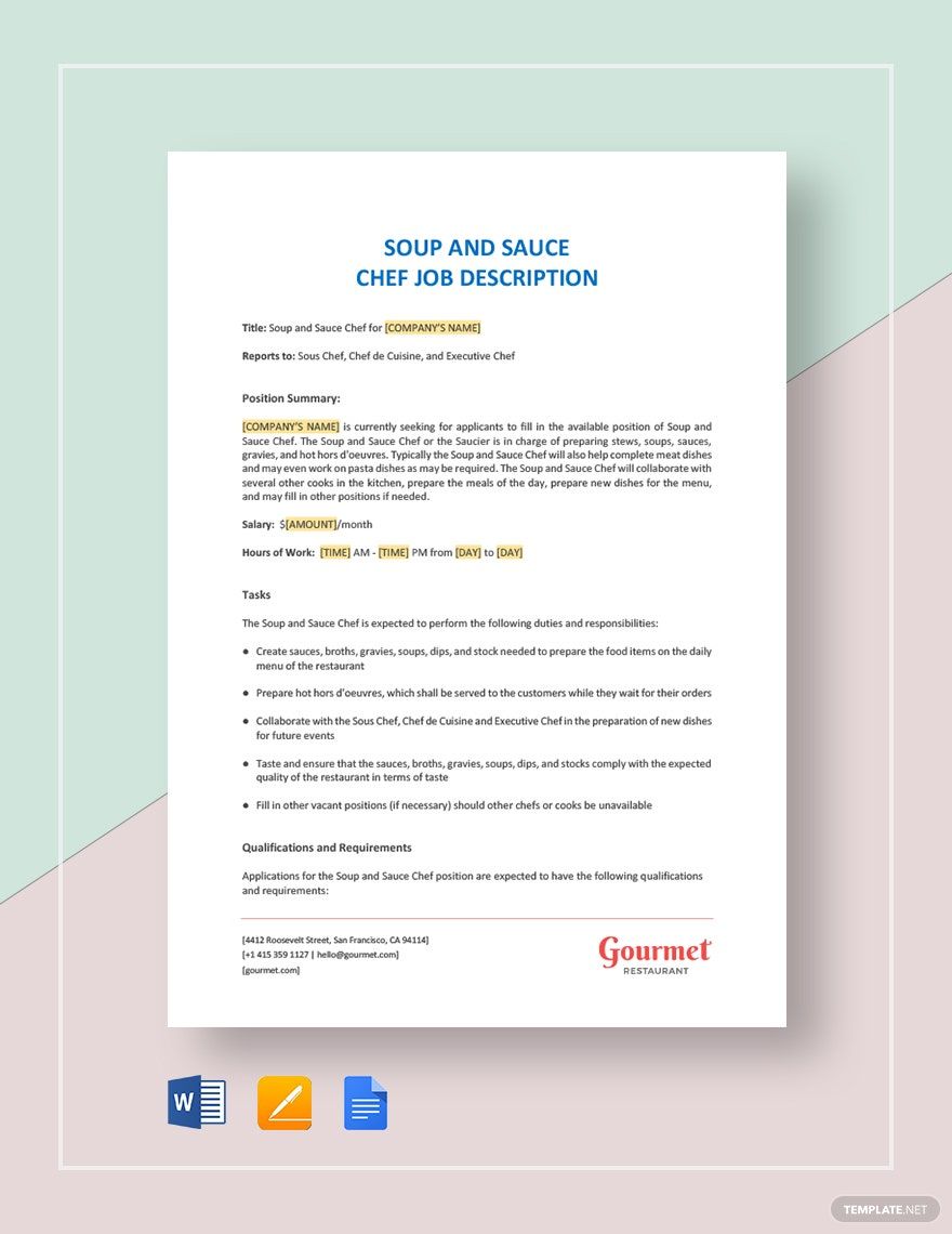 Free Soup And Sauce Chef Job Description Template Download In Word 
