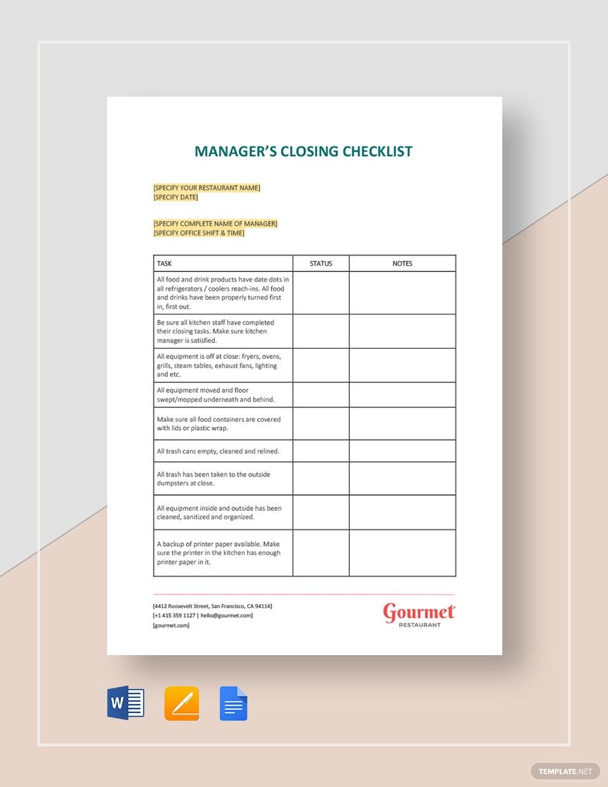 Manager s Closing Checklist Template Download In Word Google Docs Apple Pages Template