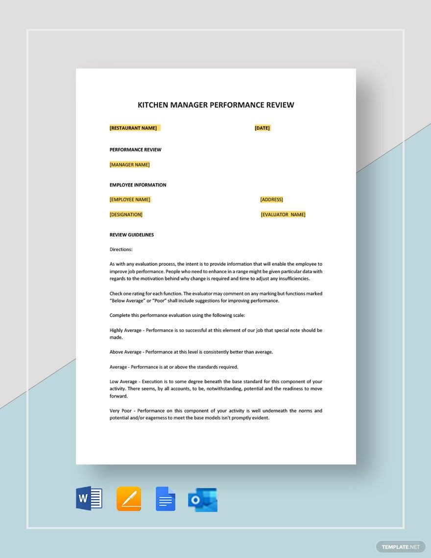 Kitchen Manager Performance Review Template Google Docs Word Apple 
