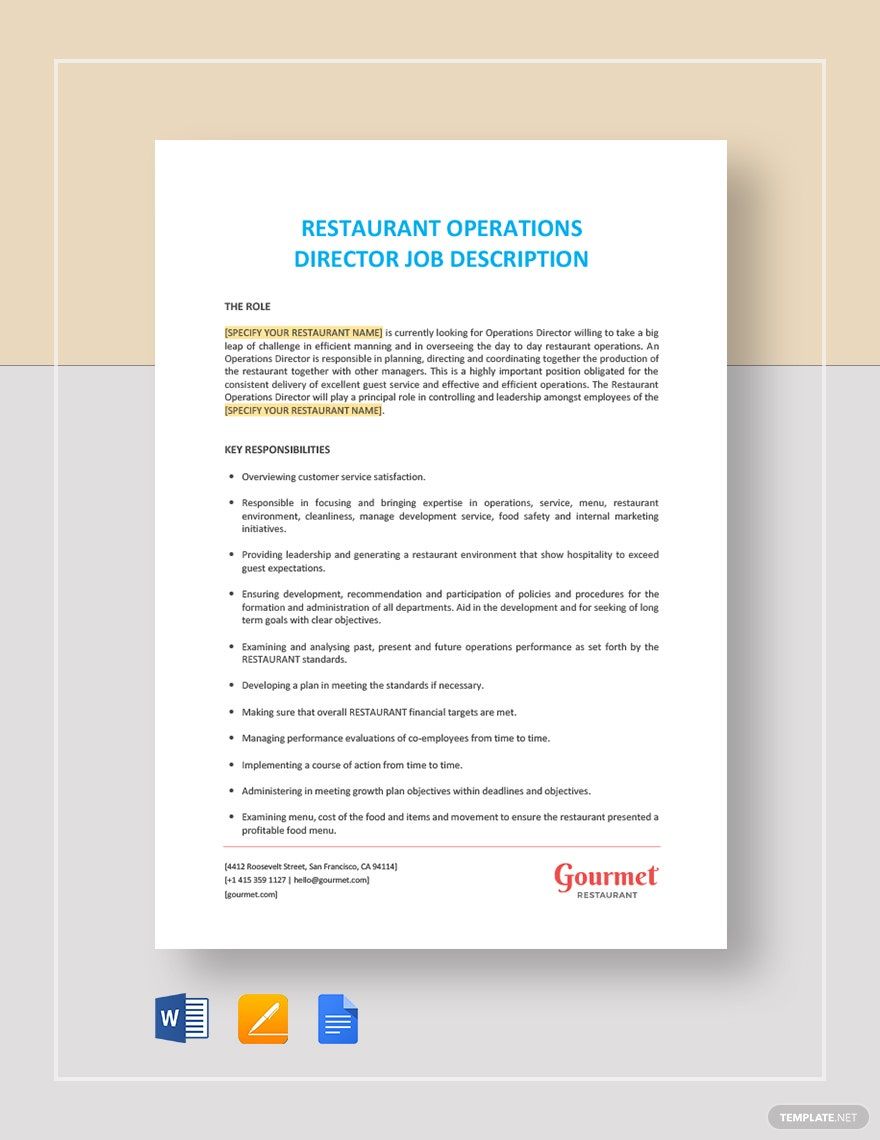 Restaurant Job Description Templates Documents Design Free Download Template