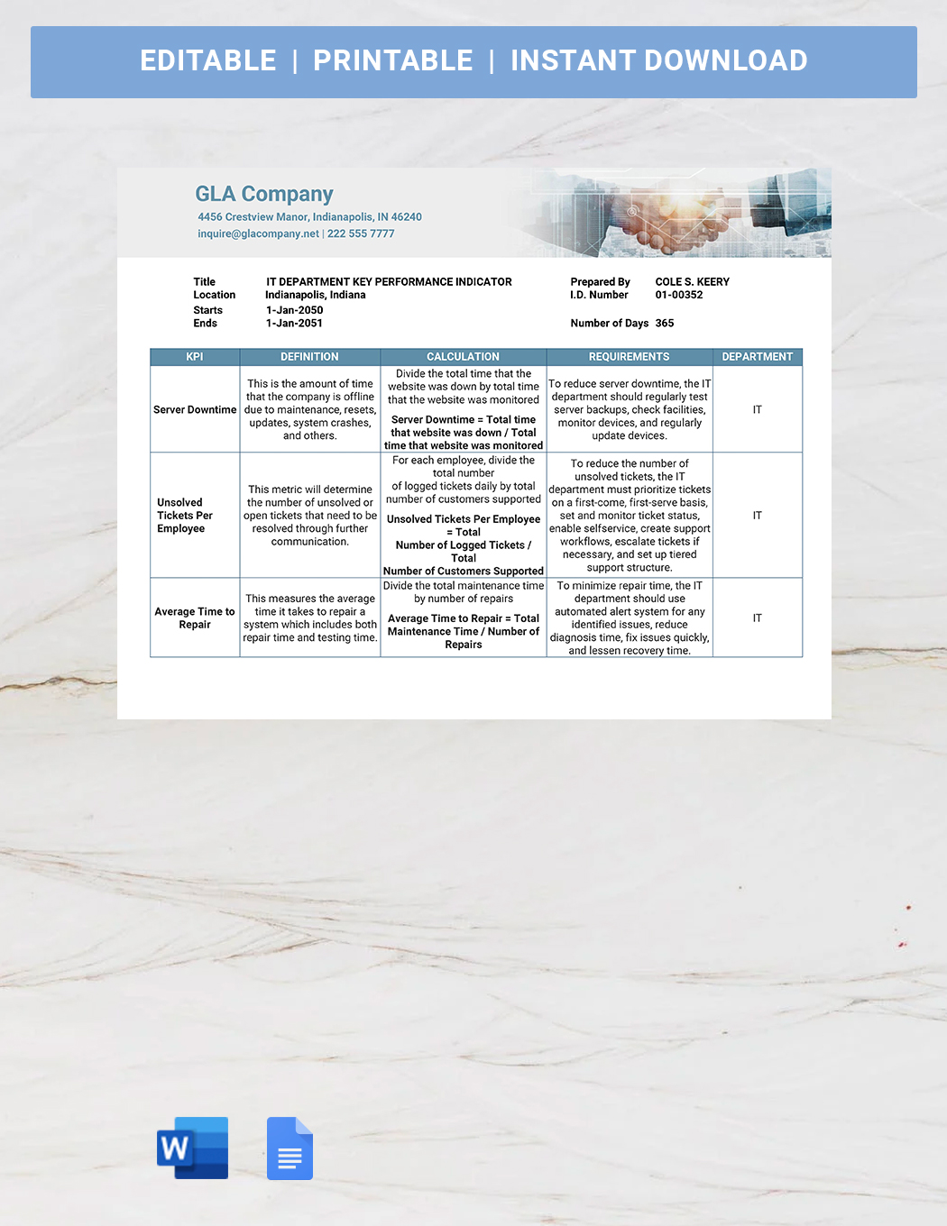 Employee KPI Template Google Docs Word Template