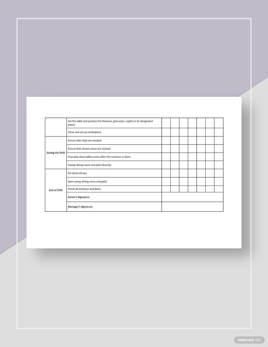 Restaurant Server Sidework Checklist Template Google Docs Word 
