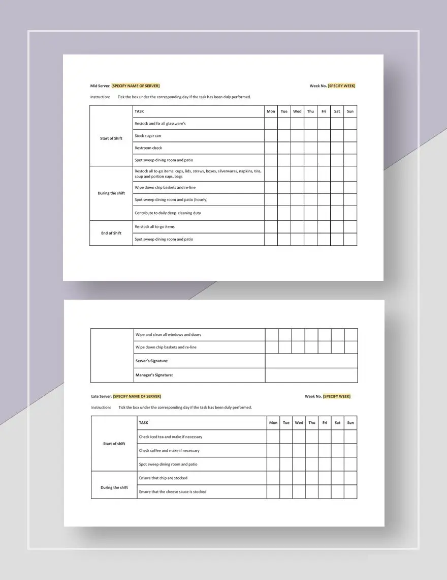 Restaurant Server Sidework Checklist Template Download In Word 