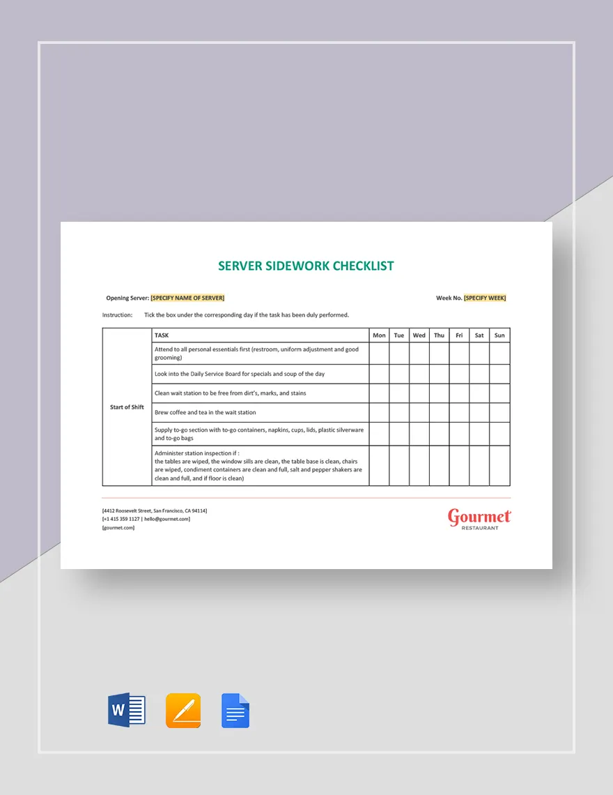 Restaurant Server Sidework Checklist Template Download In Word 