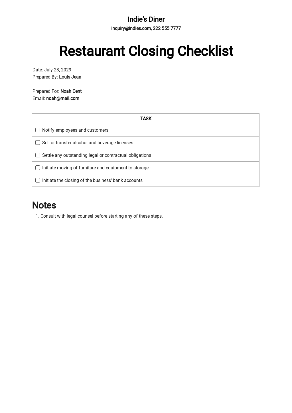 Restaurant Closing Checklist Template In Google Docs Word Template Net