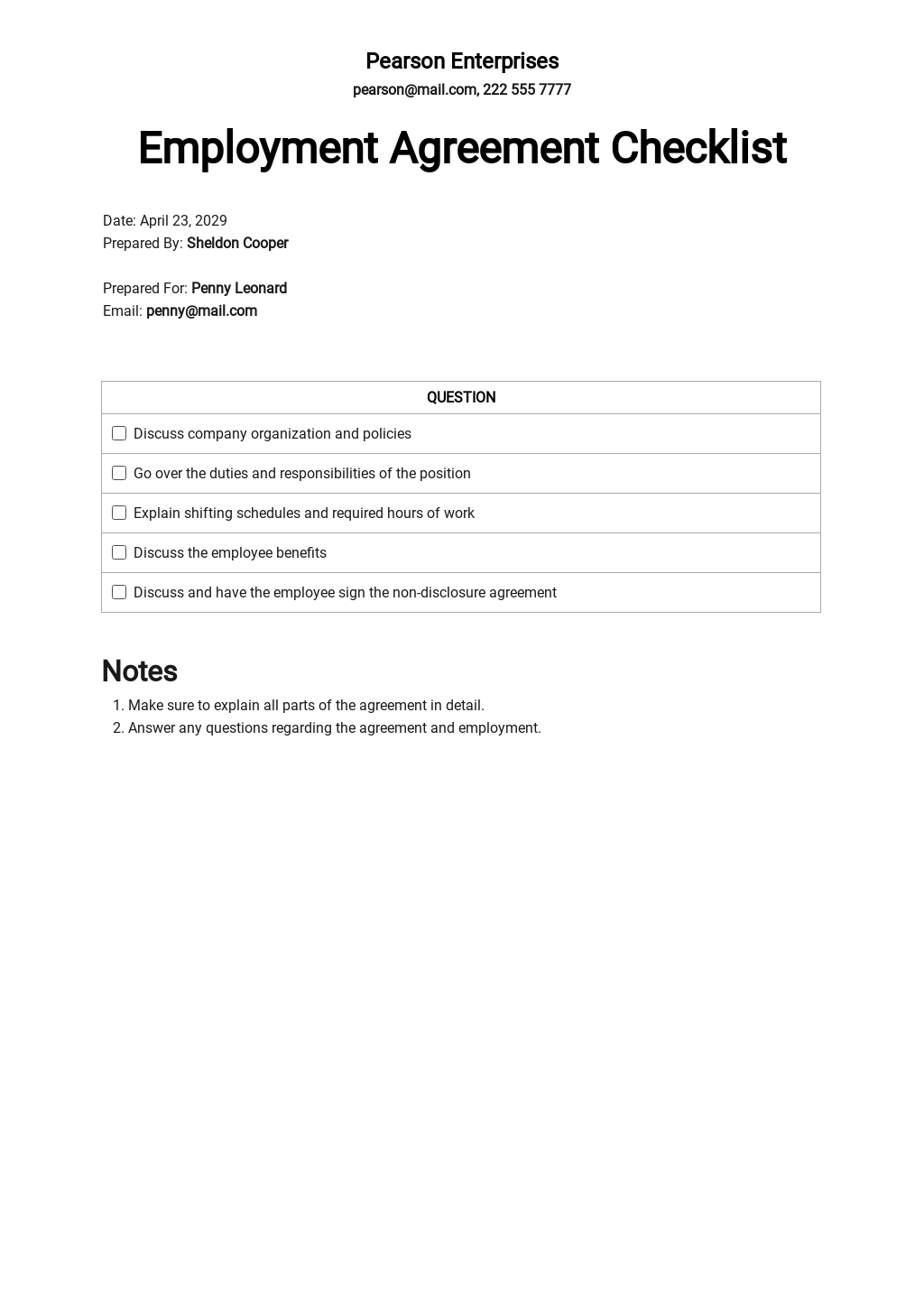 Checklist Employment Agreement Template
